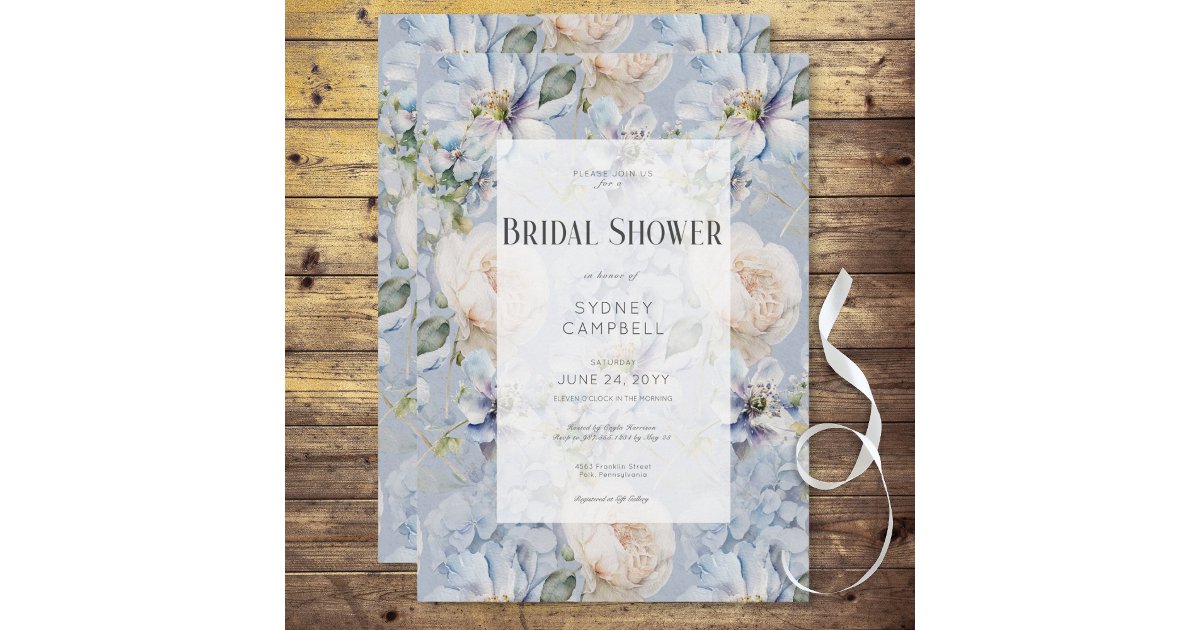 Blue & White Floral Rustic Romantic Bridal Shower Invitation | Zazzle