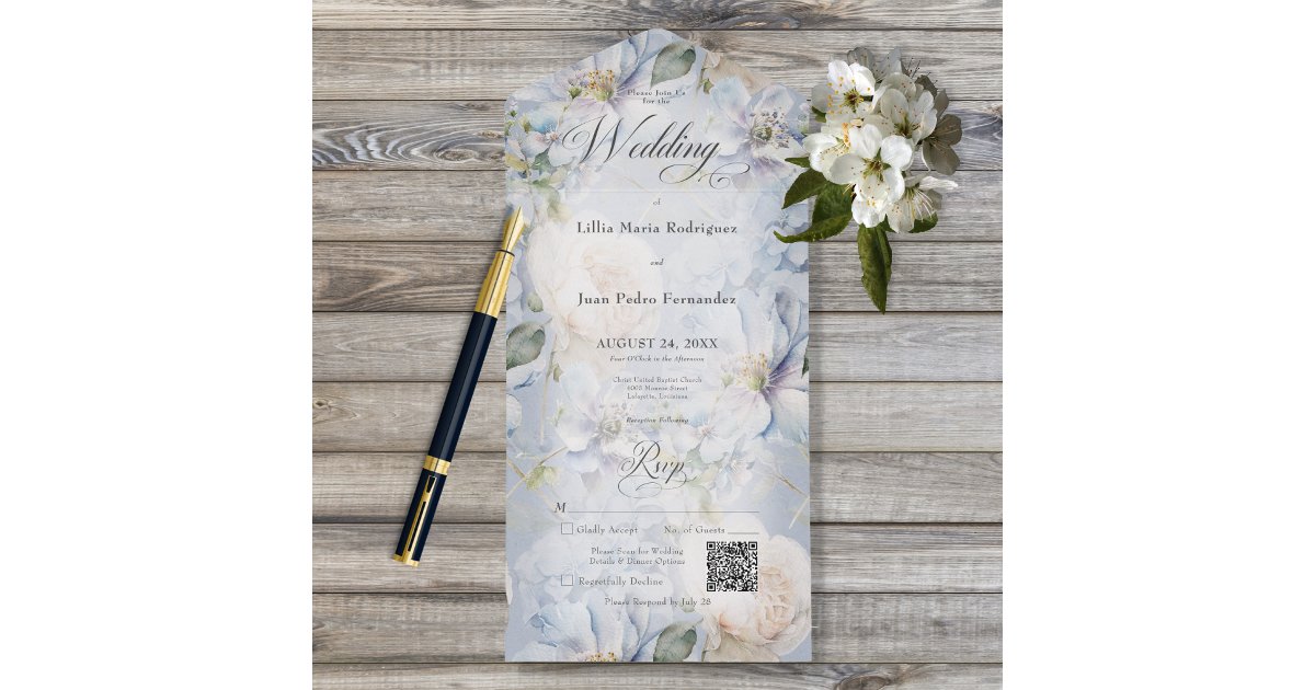 Blue & White Floral Rustic Romantic QR Code All In One Invitation | Zazzle