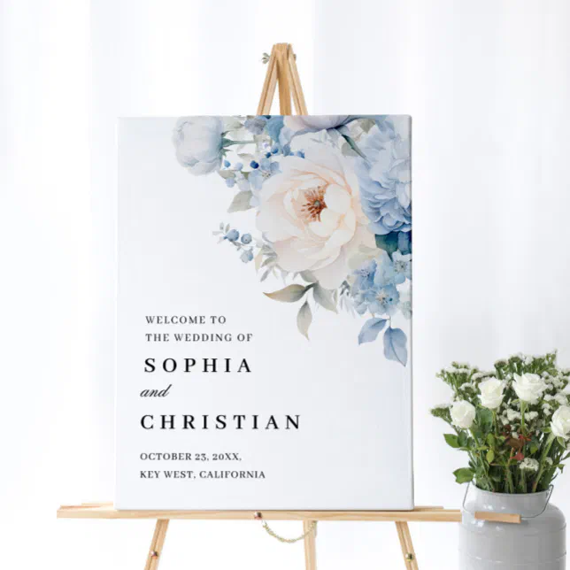 Blue & White Flowers Wedding Welcome Sign | Zazzle