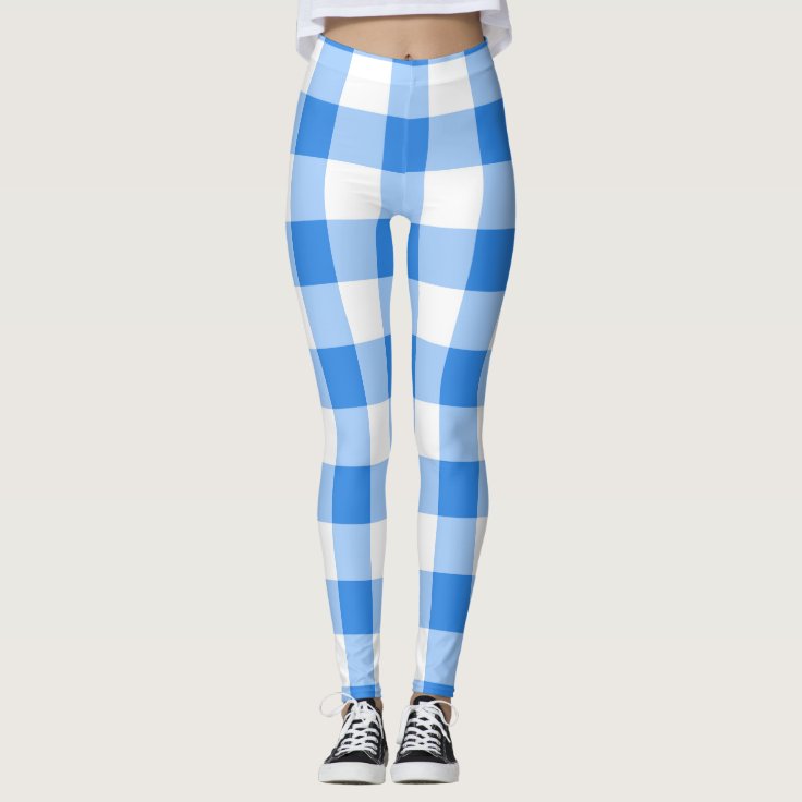 Blue & White Gingham Checkered Pattern Leggings | Zazzle
