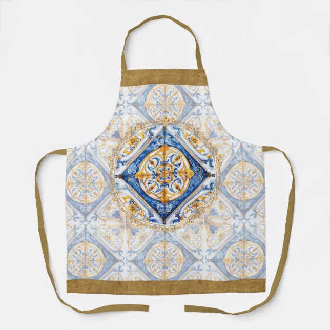 Blue White Gold Talavera Azulejo Tile Look Apron | Zazzle