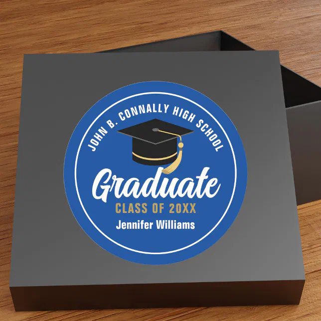 Blue White Graduate Custom 2024 Graduation Party Classic Round Sticker ...