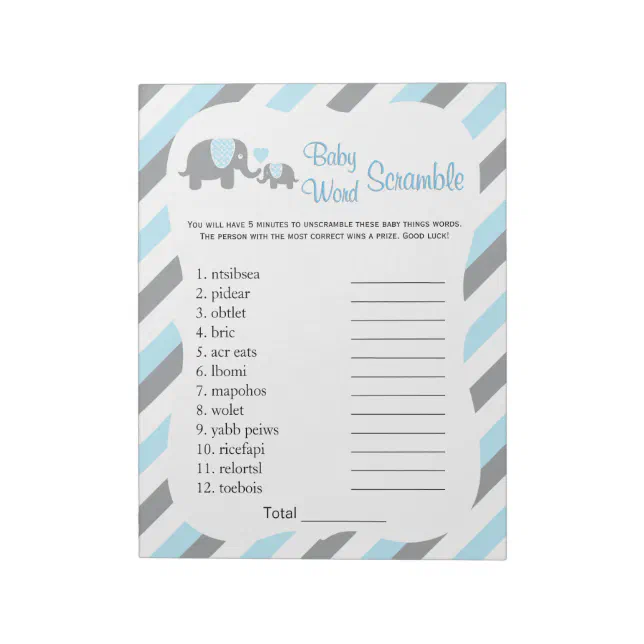 Blue, White & Gray Elephant Baby Shower Word Game Notepad | Zazzle