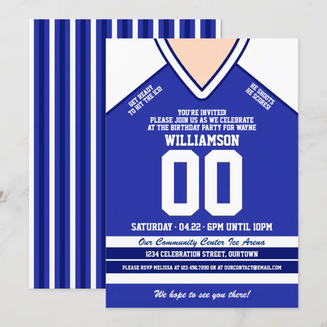 Blue/White Hockey Jersey Birthday Party Invitation | Zazzle