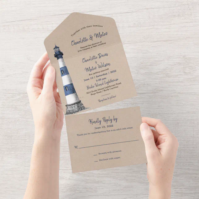 Blue White Lighthouse Kraft Wedding Invitation | Zazzle