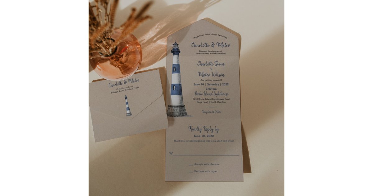 Blue White Lighthouse Kraft Wedding Invitation | Zazzle