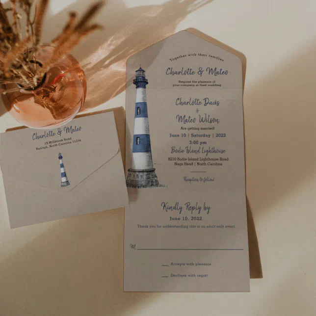 Blue White Lighthouse Kraft Wedding Invitation | Zazzle