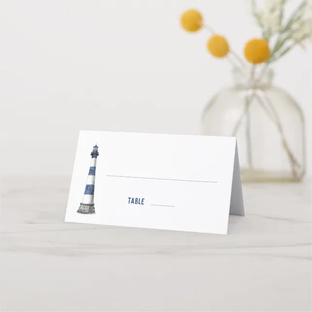 Blue White Lighthouse Wedding Folded Place Card | Zazzle