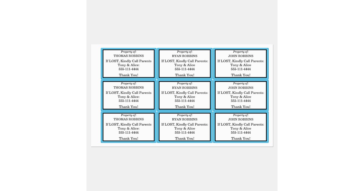 Blue White Lost Found Identification Kids' Labels | Zazzle