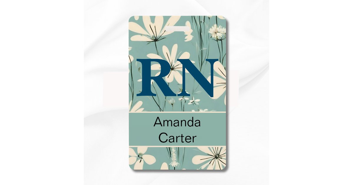 Blue White Modern Daisy Personalized Name RN Nurse Badge | Zazzle
