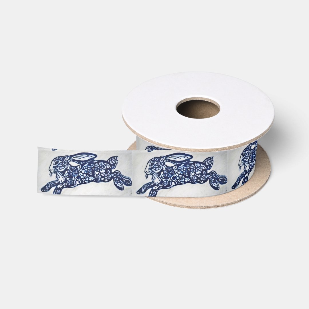 Blue & White Oriental Rabbit Designer Ribbon Spool | Zazzle