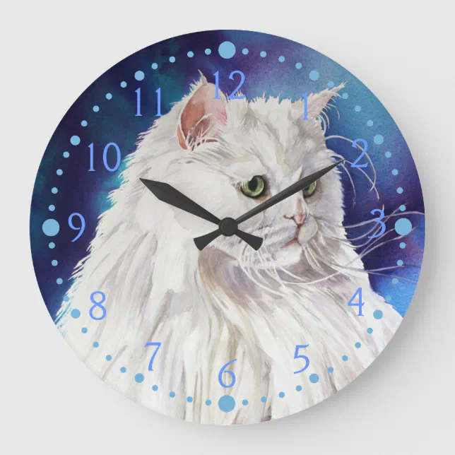 Blue White Persian Cat Portrait Cat Art Wall Clock | Zazzle