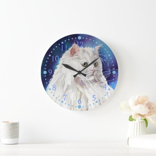 Blue White Persian Cat Portrait Cat Art Wall Clock | Zazzle