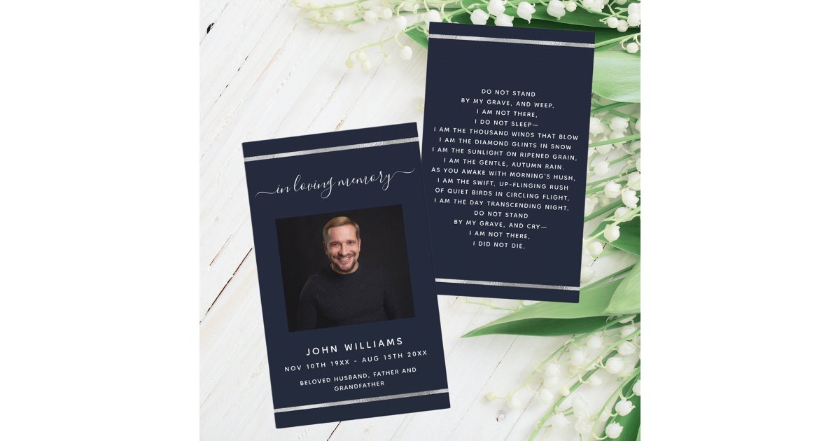 Blue white photo elegant funeral prayer card | Zazzle