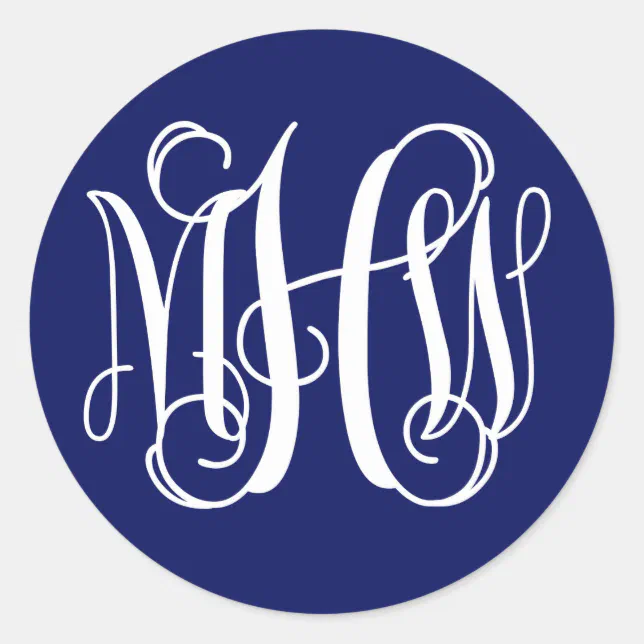 Blue White Preppy Vine Script Monogram DIY BG Classic Round Sticker ...