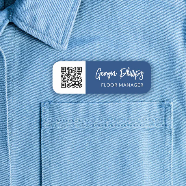 Blue & White QR Code Brush Script Name Tag | Zazzle