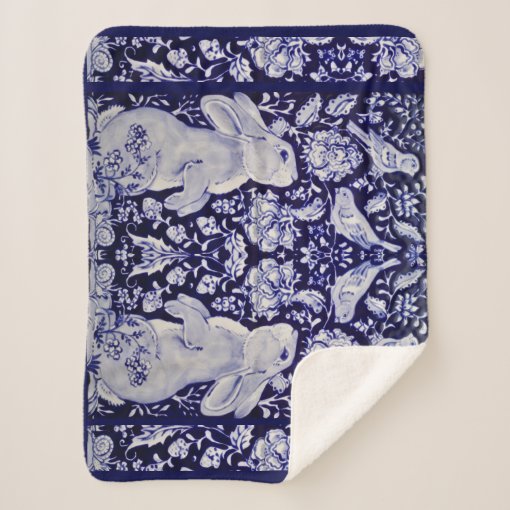 Blue & White Rabbit Bird Woodland Navy Floral Art Sherpa Blanket | Zazzle