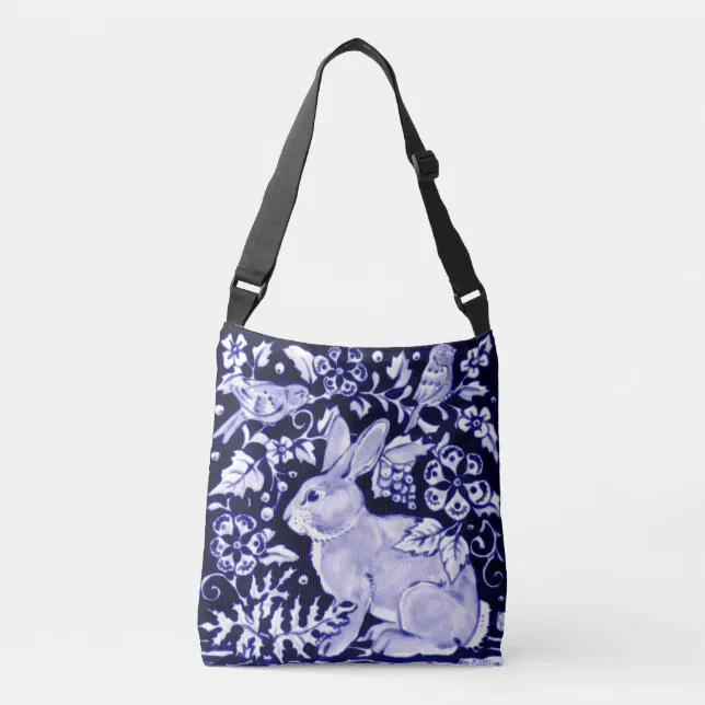 Blue & White Rabbit Birds Floral Designer Tote Bag | Zazzle