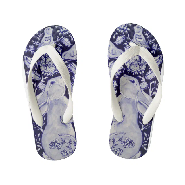 Blue & White Rabbit Bunny Bird Floral Chinoiserie Kid's Flip Flops | Zazzle