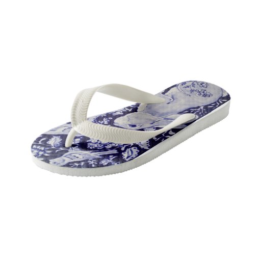 Blue & White Rabbit Bunny Bird Floral Chinoiserie Kid's Flip Flops | Zazzle