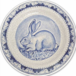 Blue & White Rabbit Bunny Delft Dedham Round Sticker | Zazzle
