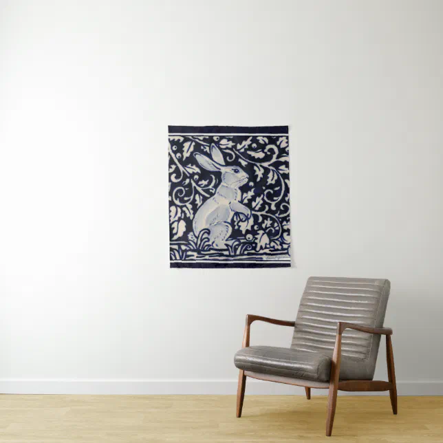 Blue & White Rabbit Bunny Elegant Leaves Woodland Tapestry | Zazzle