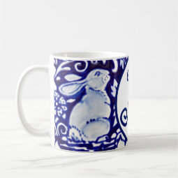 Blue White Rabbit Bunny Floral Monogram Elegant Coffee Mug | Zazzle