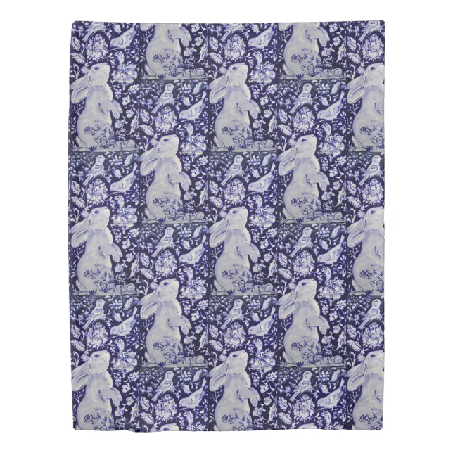 Blue & White Rabbit Bunny Flowers Bird Navy Cobalt Duvet Cover | Zazzle