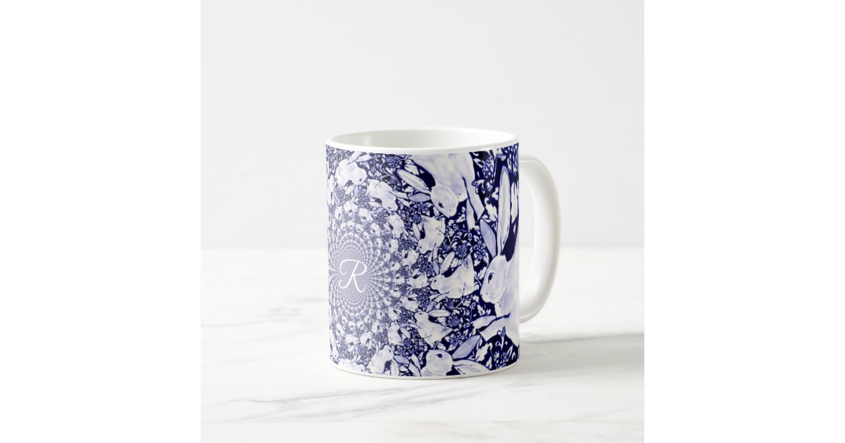 Blue & White Rabbit Bunny Hare Fractal Monogram Coffee Mug | Zazzle