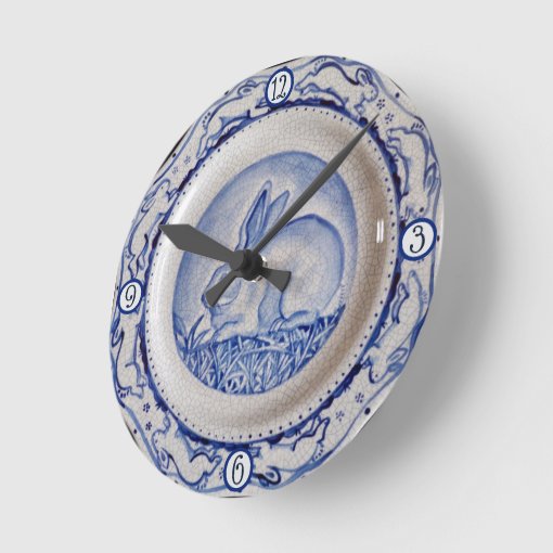 Blue & White Rabbit Bunny Plate Crackle Dedham Round Clock | Zazzle