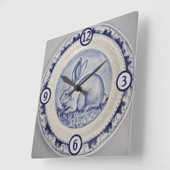 Blue & White Rabbit Bunny Pottery China Dedham Art Square Wall Clock ...