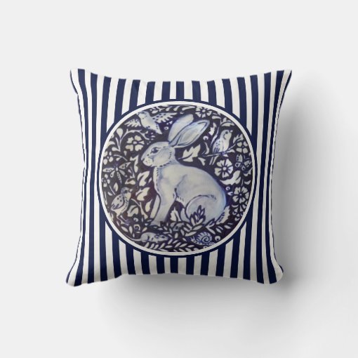 Blue & White Rabbit Bunny Stripe Dedham Floral Throw Pillow | Zazzle