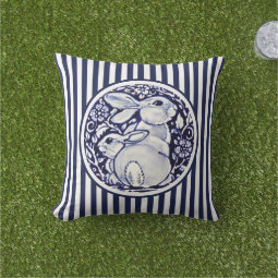 Blue & White Rabbit Bunny Stripes Dedham Floral Outdoor Pillow | Zazzle