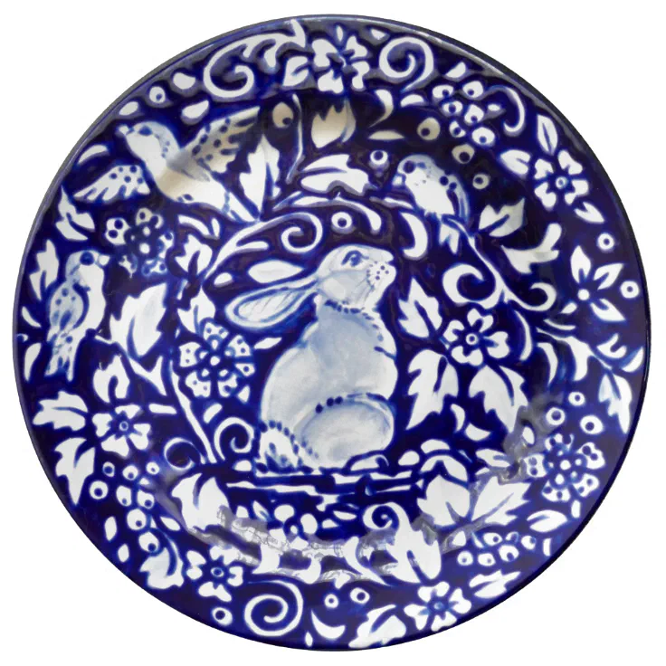 Blue & White Rabbit Floral Pretty Porcelain Plate | Zazzle