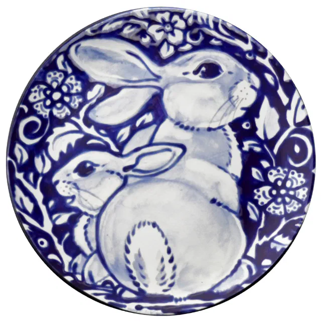 Blue & White Rabbit Floral Pretty Porcelain Plate | Zazzle