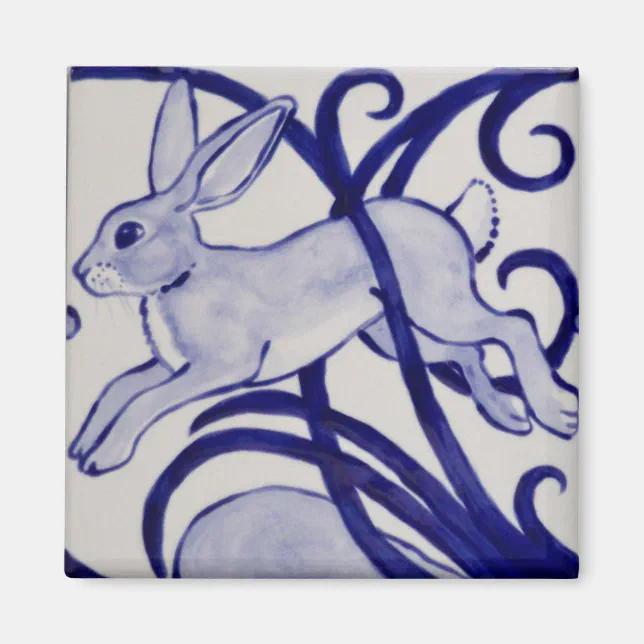 Blue & White Rabbit Hare Art Deco Tile Scroll Magnet | Zazzle
