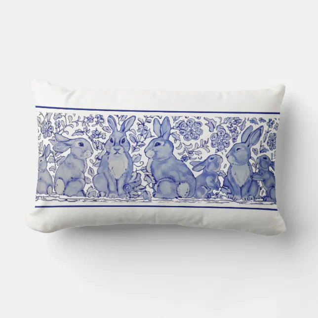 Blue & White Rabbit Woodland Bunny Delft Dedham Lumbar Pillow | Zazzle