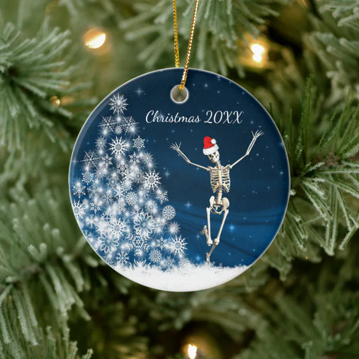 Blue & White Santa Skeleton "Christmas 20xx" Ceramic Ornament | Zazzle