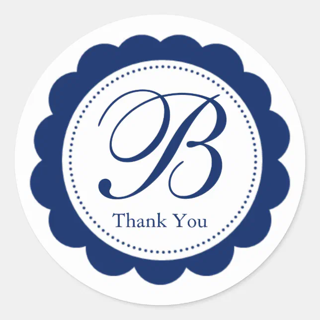 Blue White Scalloped Circle Monogram Classic Round Sticker | Zazzle