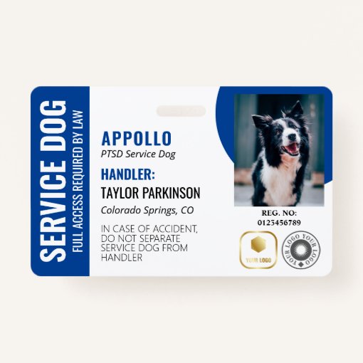 Blue White Service Dog 2 Logos & Photo ID Badge | Zazzle