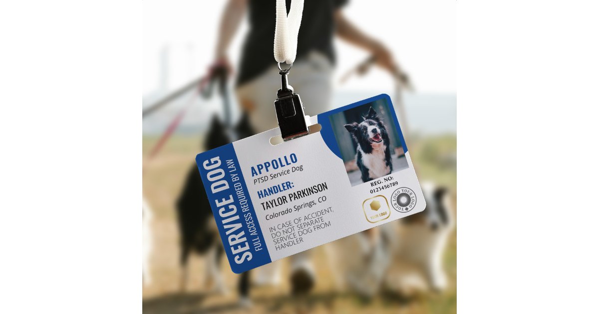 Blue White Service Dog 2 Logos & Photo ID Badge | Zazzle