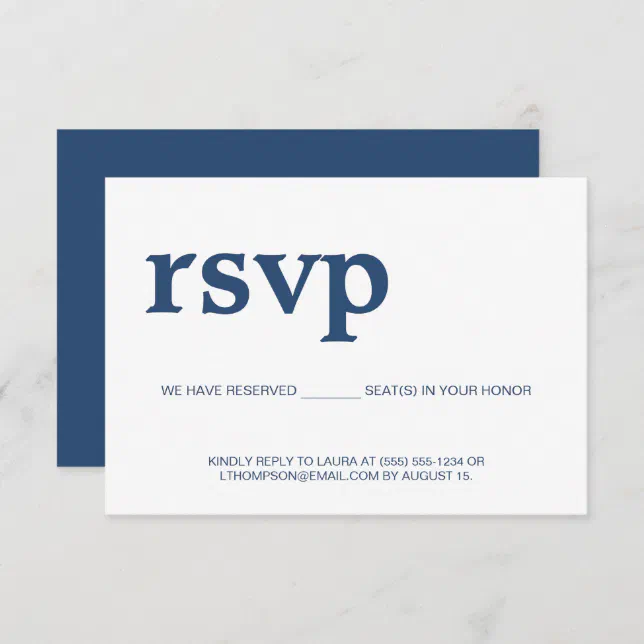 Blue White simple reserved seating email or phone RSVP Card | Zazzle