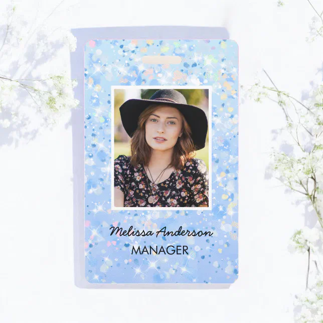Blue White Sparkle Staff Employee Photo ID Badge | Zazzle