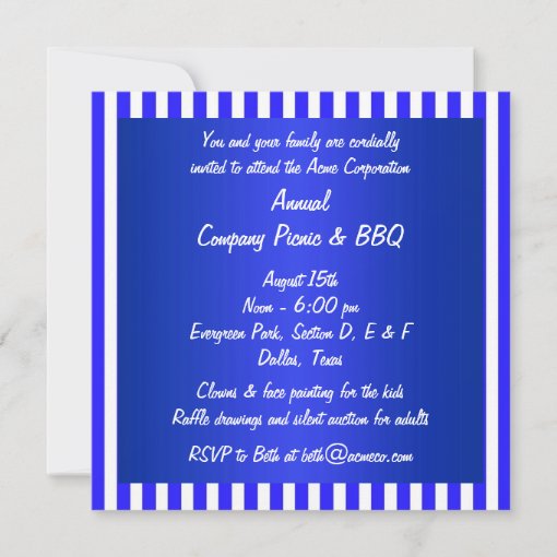 Blue White Stripe Company Picnic BBQ Invitation | Zazzle