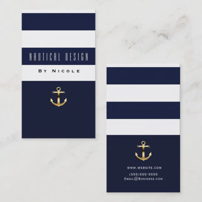 Blue & White Stripe Nautical Gold Anchor Business Card | Zazzle