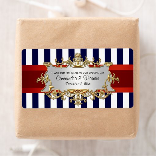 Blue White Stripe, Red Ribbon H Wine Bottle Label | Zazzle