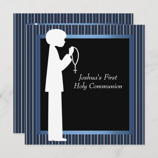 Blue White Stripe Rosary Boys First Communion Invitation | Zazzle