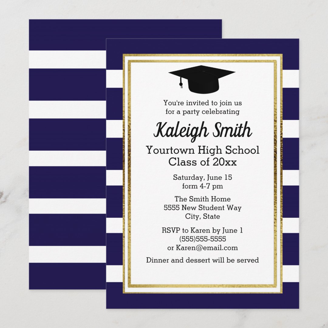 Blue White Striped with Graduation Cap Party Invitation | Zazzle