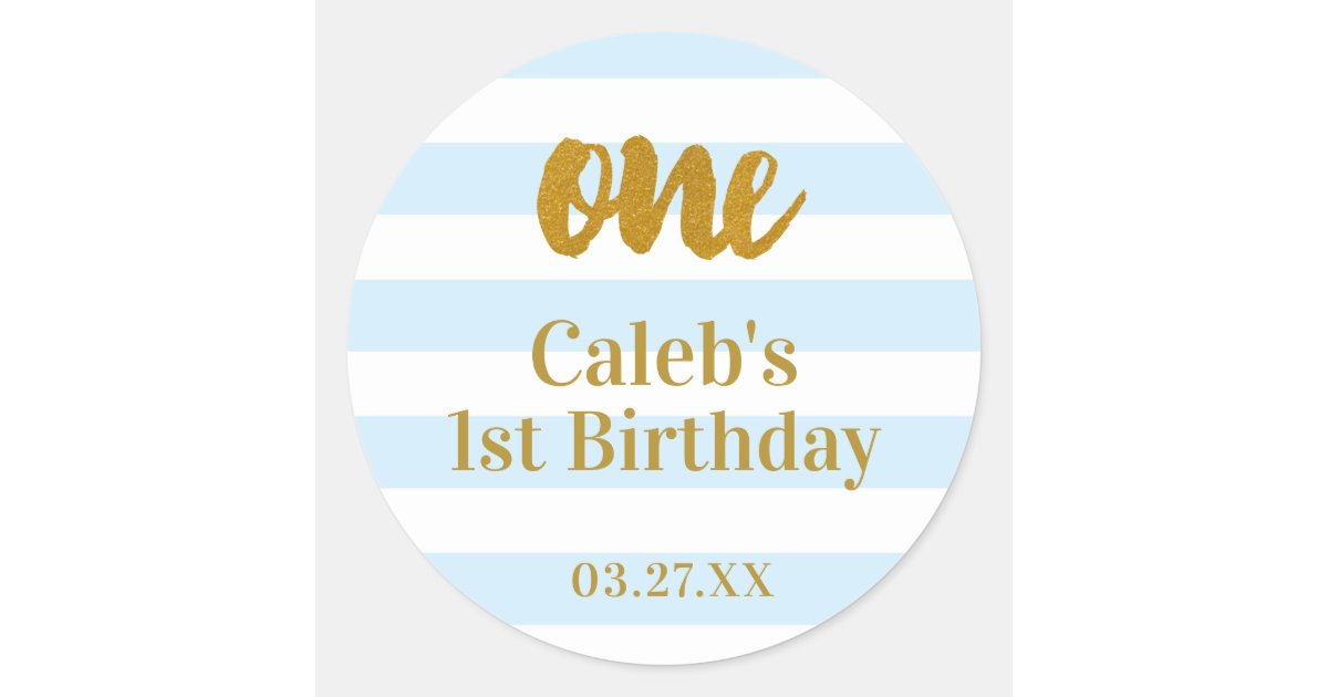 Blue & White Stripes Gold ONE 1st Birthday Classic Round Sticker | Zazzle