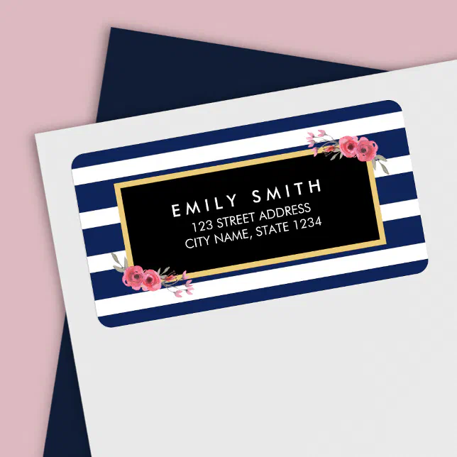 Blue White Stripes with Watercolor Floral Address Label | Zazzle